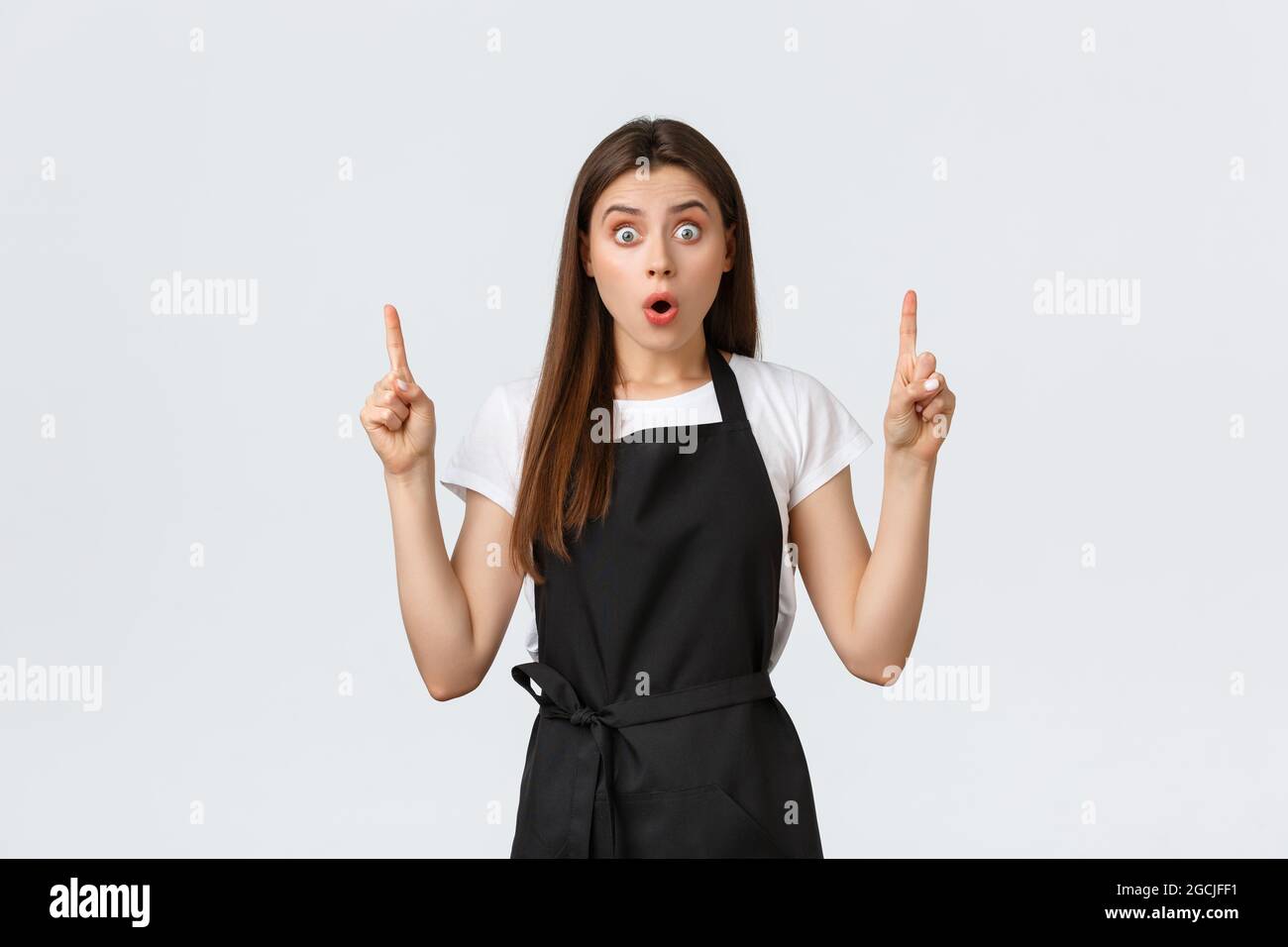 Small business, employees and coffee shop concept. Shocked and ...