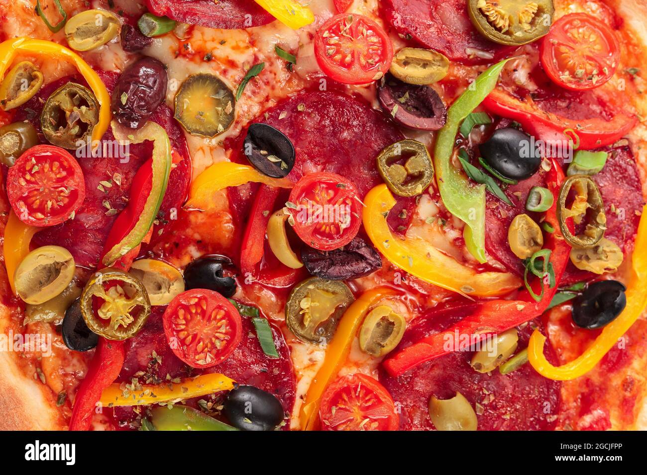 Fresh baked pizza with pepperoni. Top view Stock Photo - Alamy