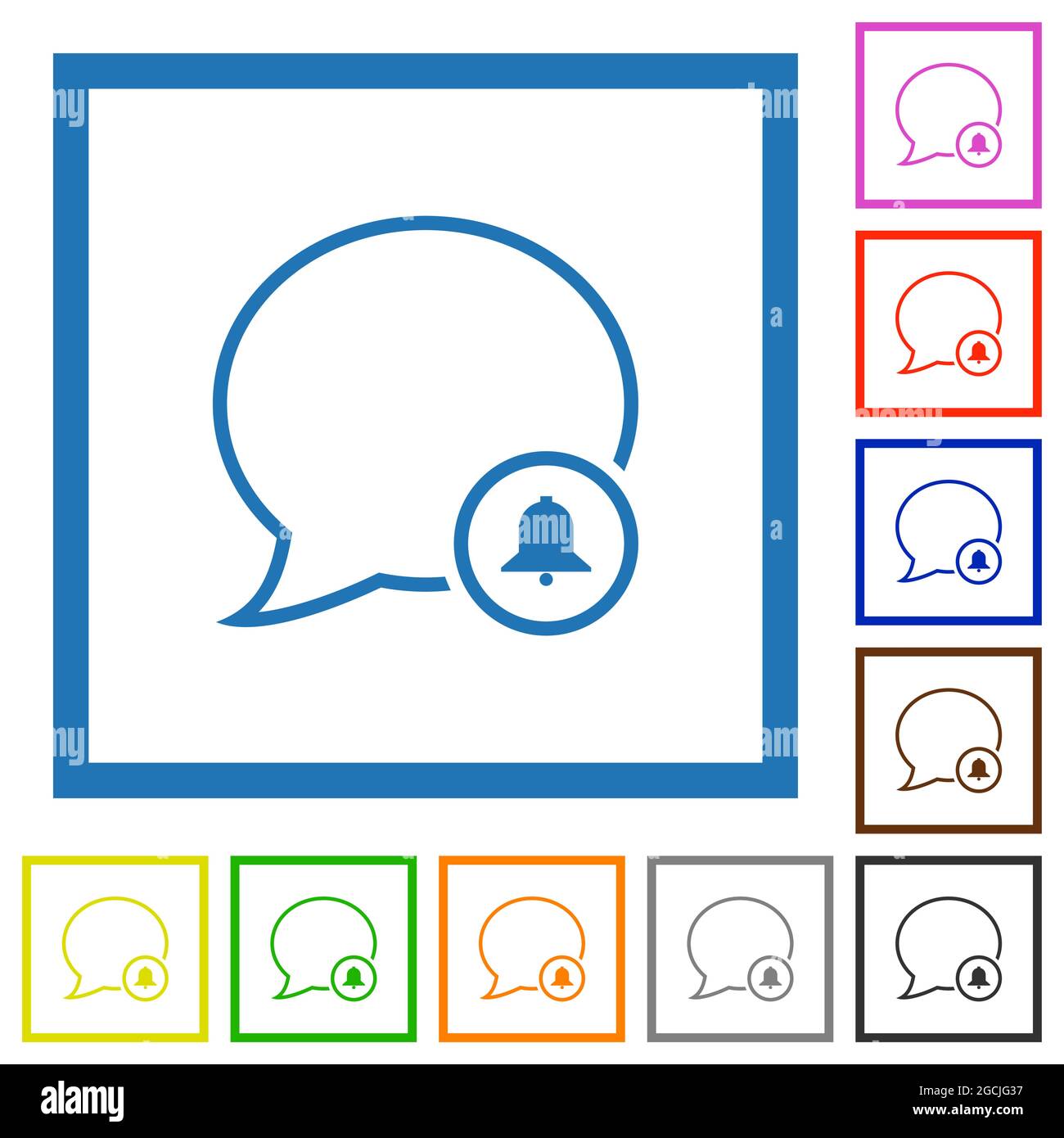 Message alarm outline flat color icons in square frames on white ...