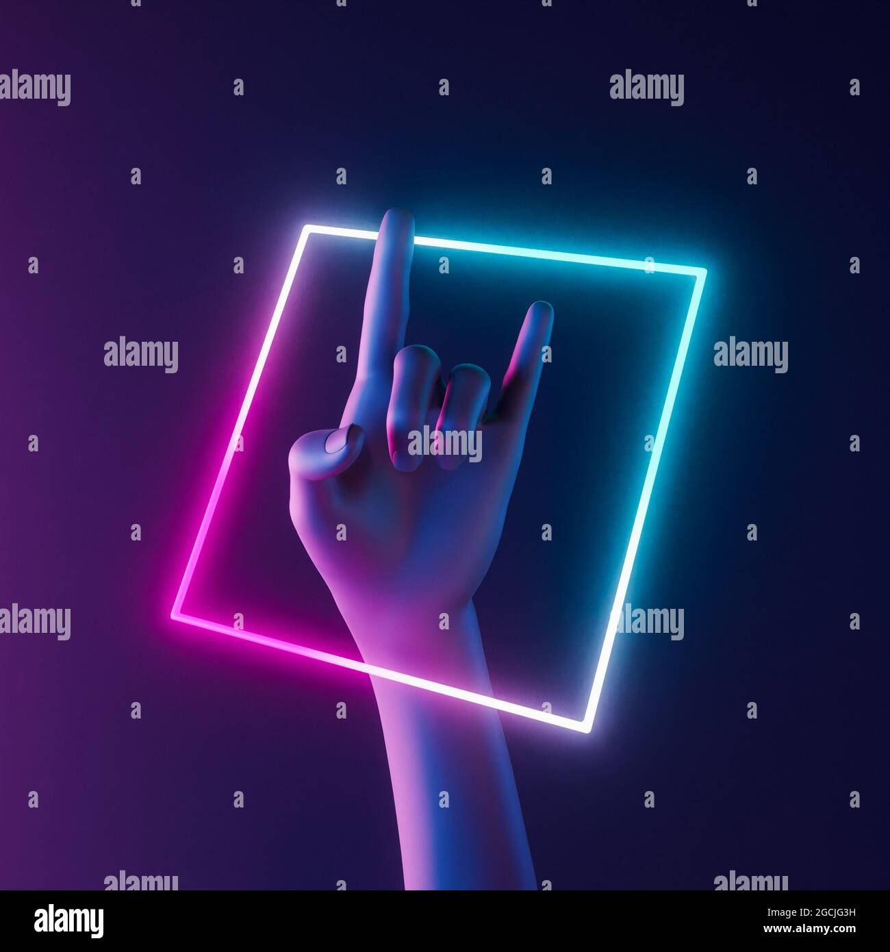 abstract hand with rock and roll gesture and neon box around ...