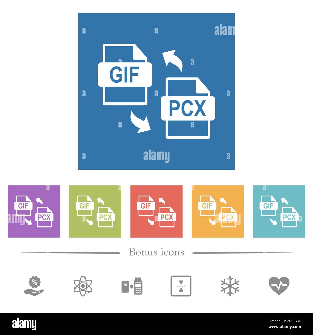 GIF PCX file conversion flat white icons in square backgrounds. 6 bonus ...
