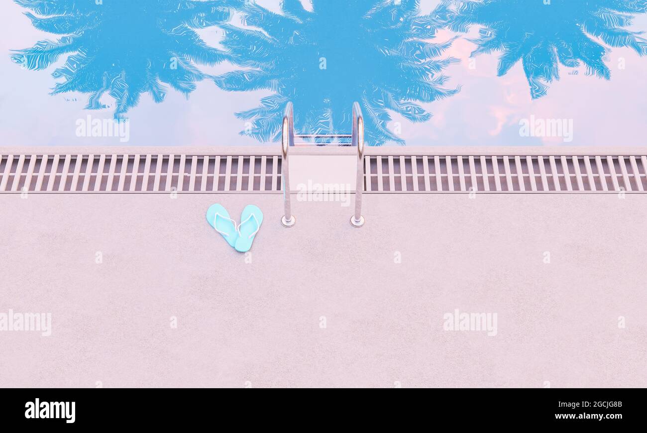 top view of swimming pool with palm tree reflections and flip flops ...