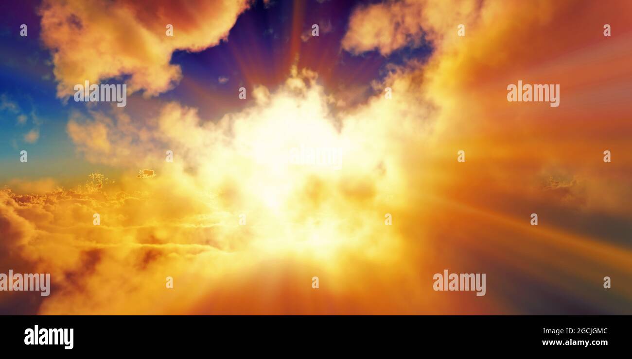 above clouds sun ray sunset. 3d render illustration Stock Photo - Alamy