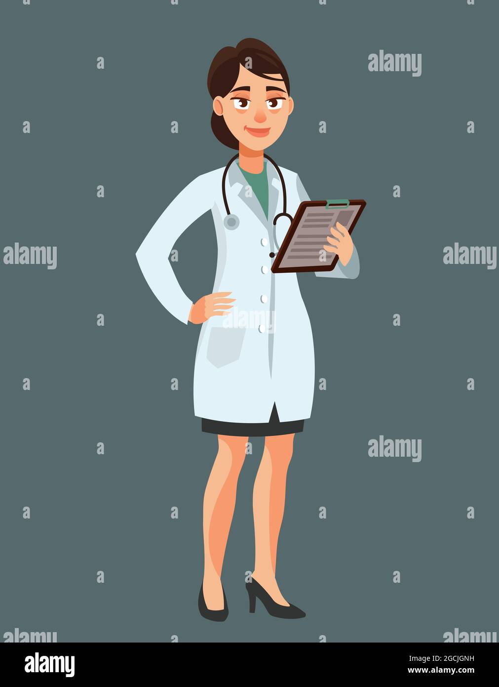 Female doctor holding paper tablet. Woman in cartoon style Stock Vector ...