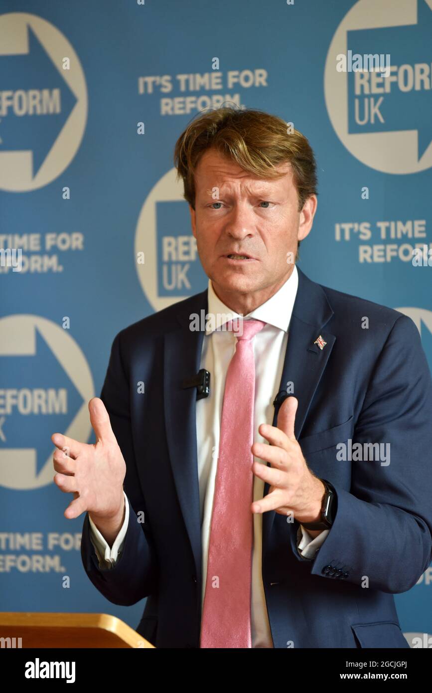 London, UK. 9th August 2021. Richard Tice, the leader of Reform UK ...
