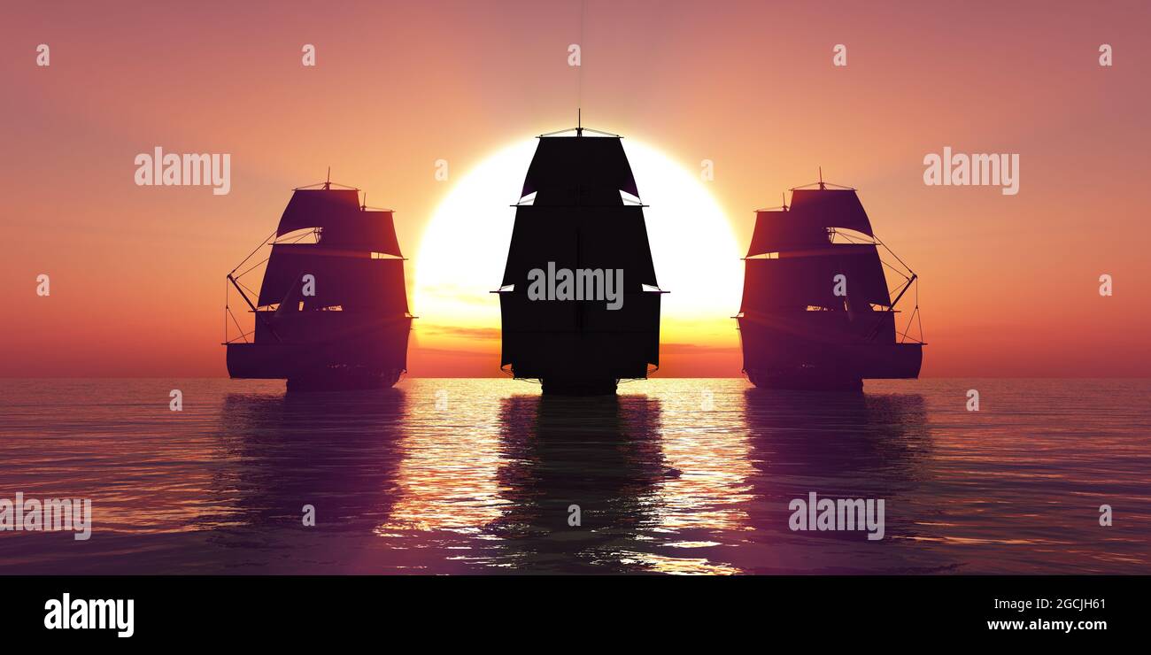 old three ships sunset at sea, 3d rendering illustration Stock Photo ...
