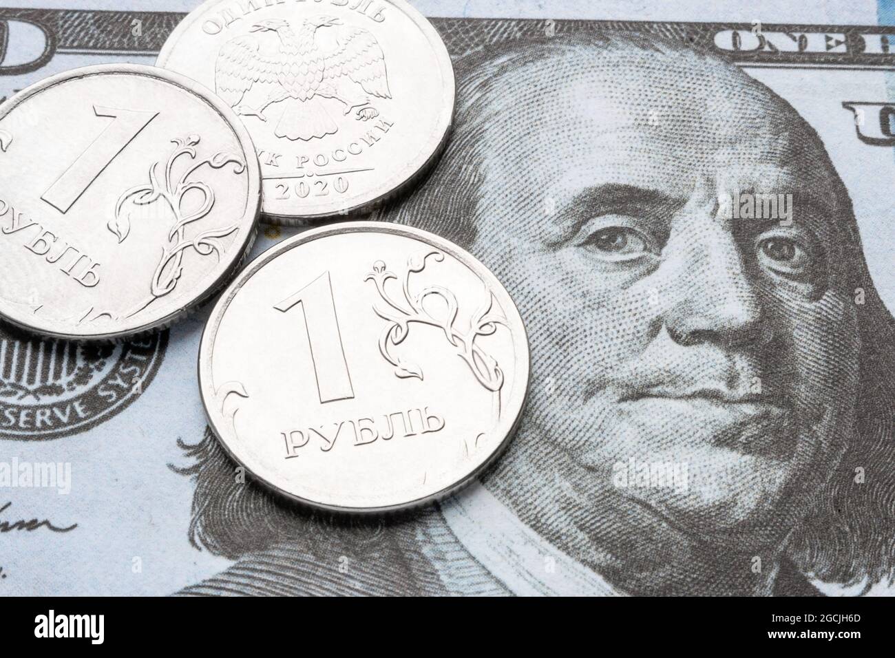 dollar bill and russian ruble close up devaluation of currency Stock ...