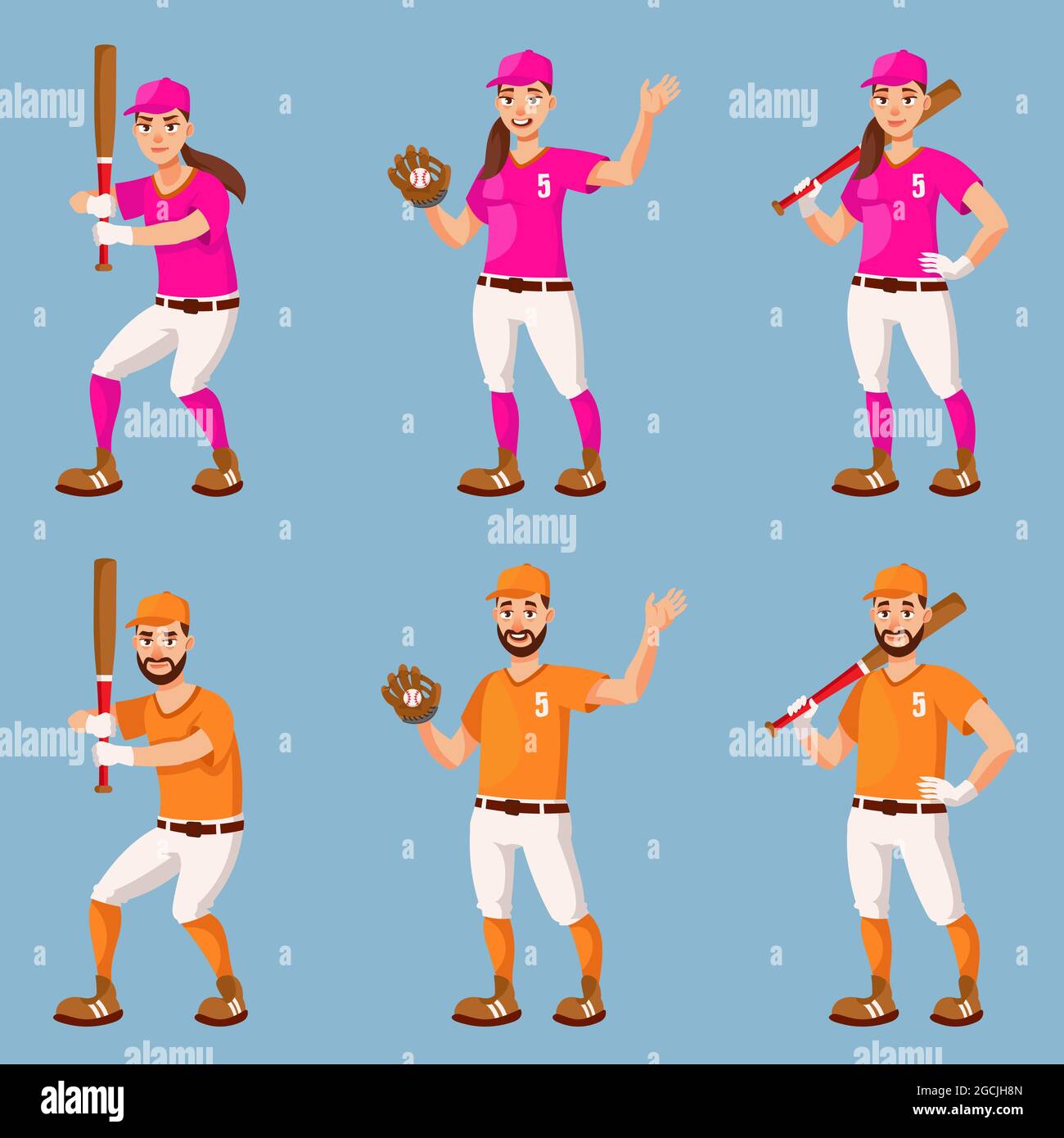 Male and female baseball players. Man and woman in cartoon style Stock ...