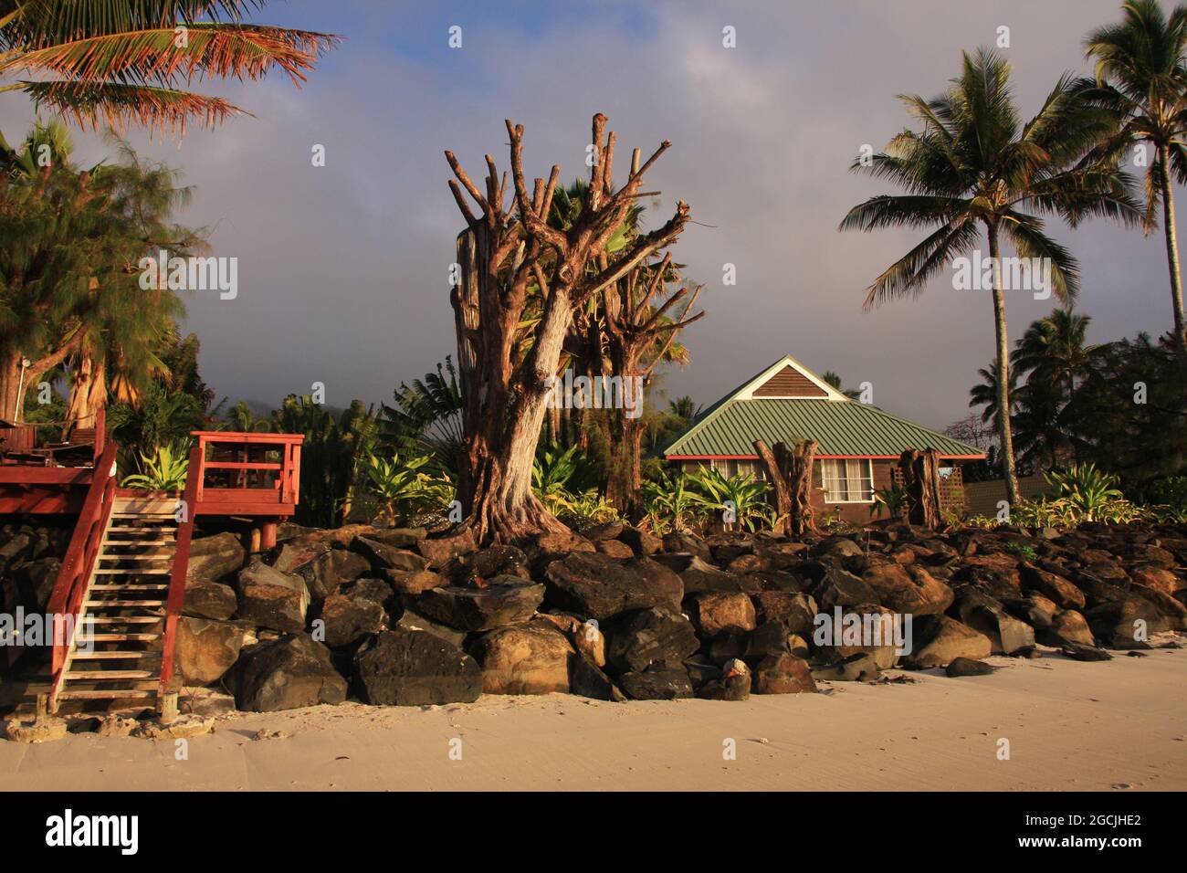 a group of palm trees and hotels on a beach in cook islands Stock Photo ...