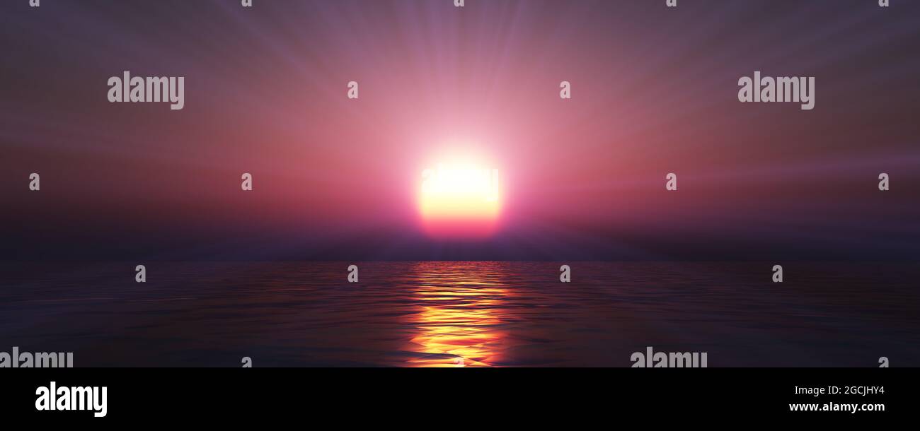 sunset sea sun ray clear sky, 3d rendering illustration Stock Photo - Alamy