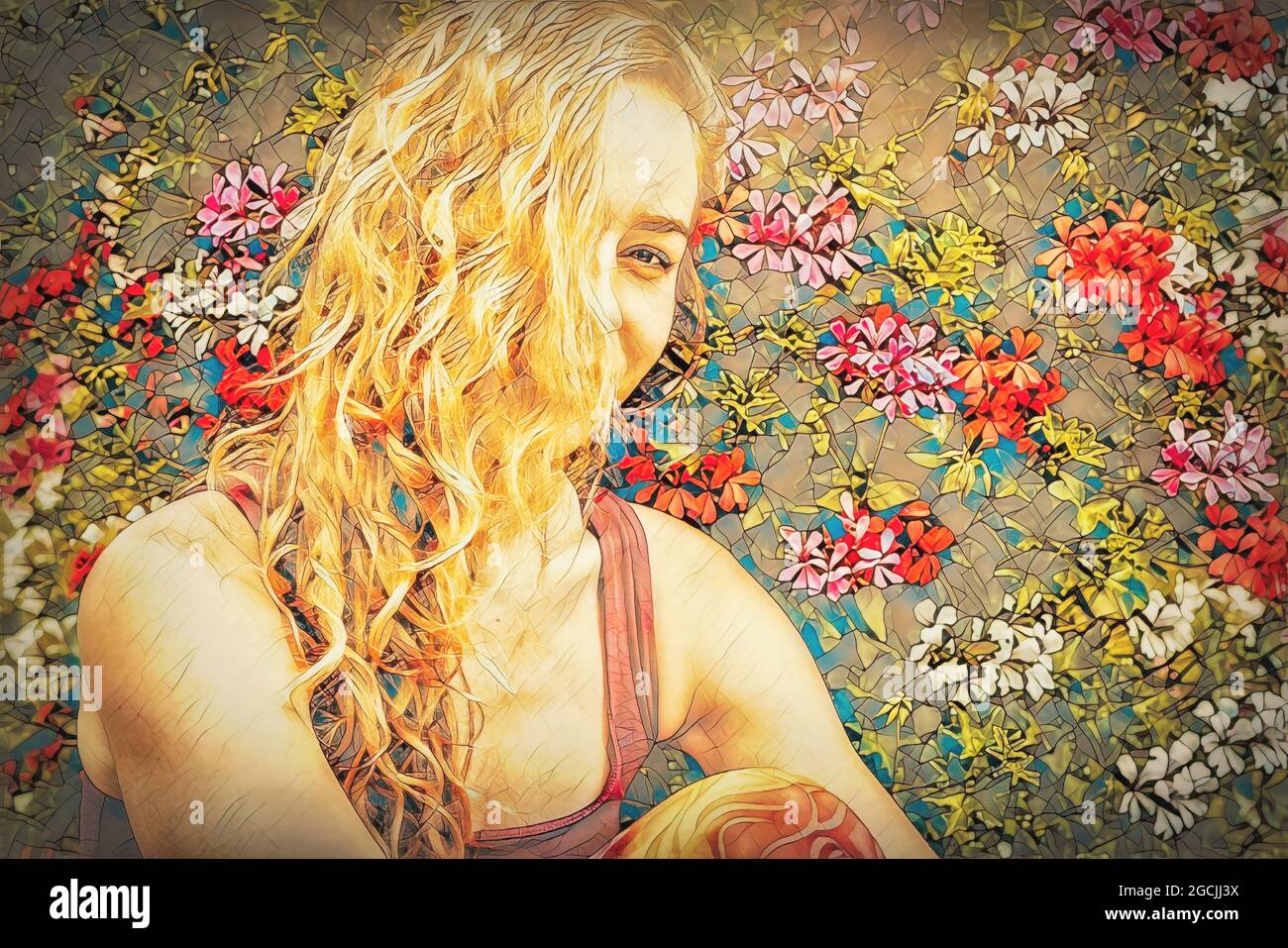 beautiful background with muscat flowers and woman face and mosaic ...