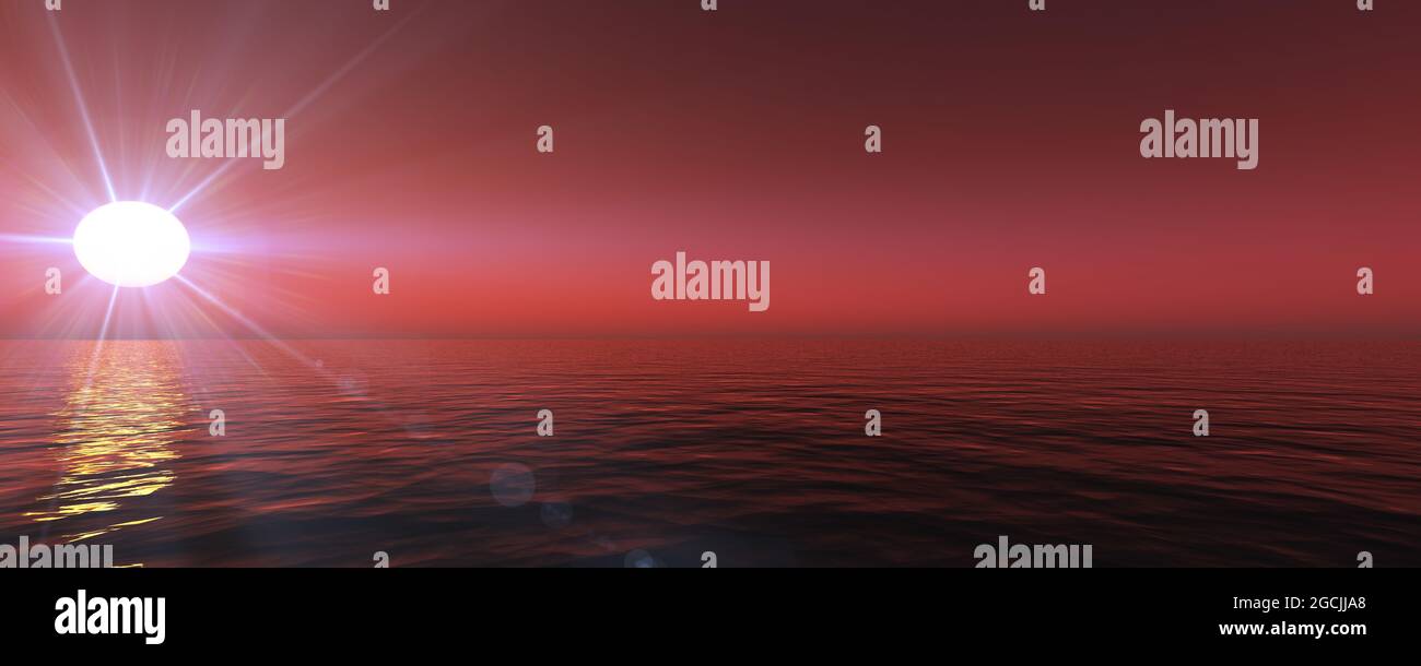 sunset sea sun ray clear sky, 3d rendering illustration Stock Photo - Alamy