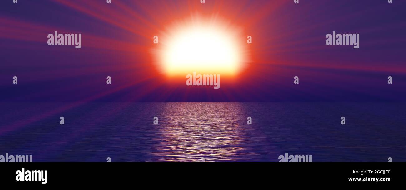 sunset sea sun ray clear sky, 3d rendering illustration Stock Photo - Alamy