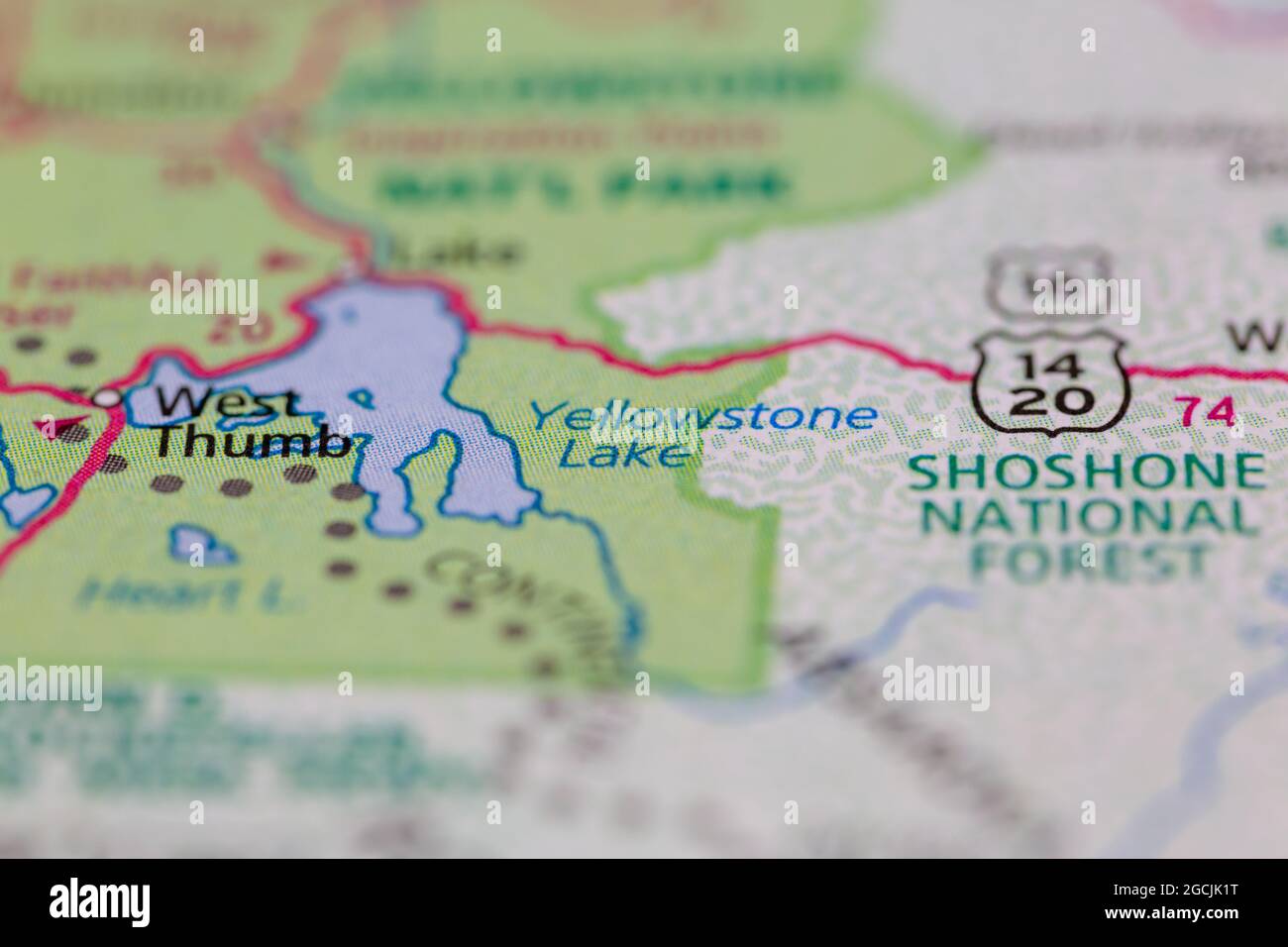 Yellowstone Lake Wyoming USA shown on a road map or Geography map Stock ...