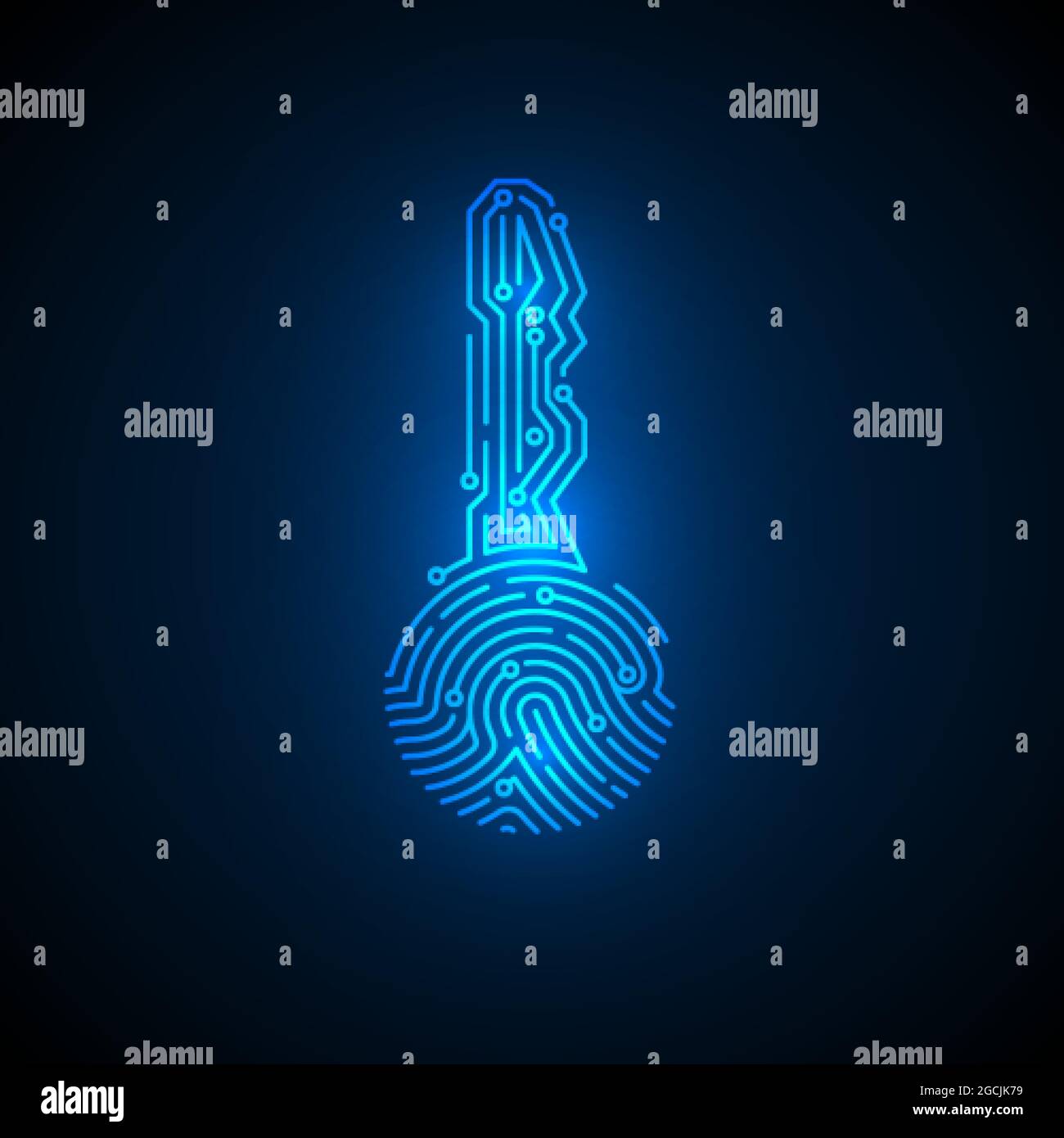 Fingerprint in key shape with circuit background. Cyber security id ...