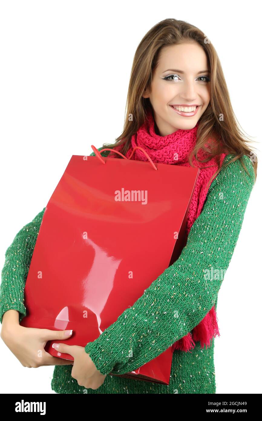 Beautiful smiling girl with gift bag isolated on white Stock Photo - Alamy