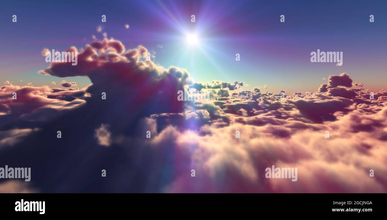 fly above clouds sunset landscape, 3d render illustration Stock Photo ...