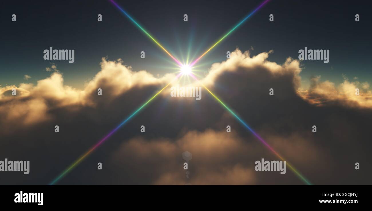 above clouds sunrise sun ray illustration, 3d rendering Stock Photo - Alamy