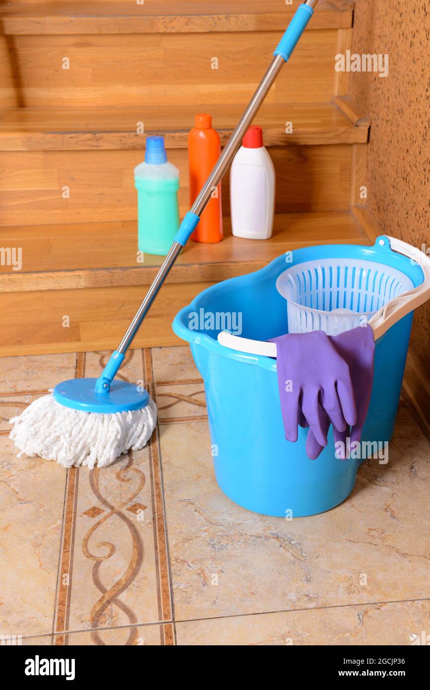 House cleaning equipment with mop Stock Photo - Alamy