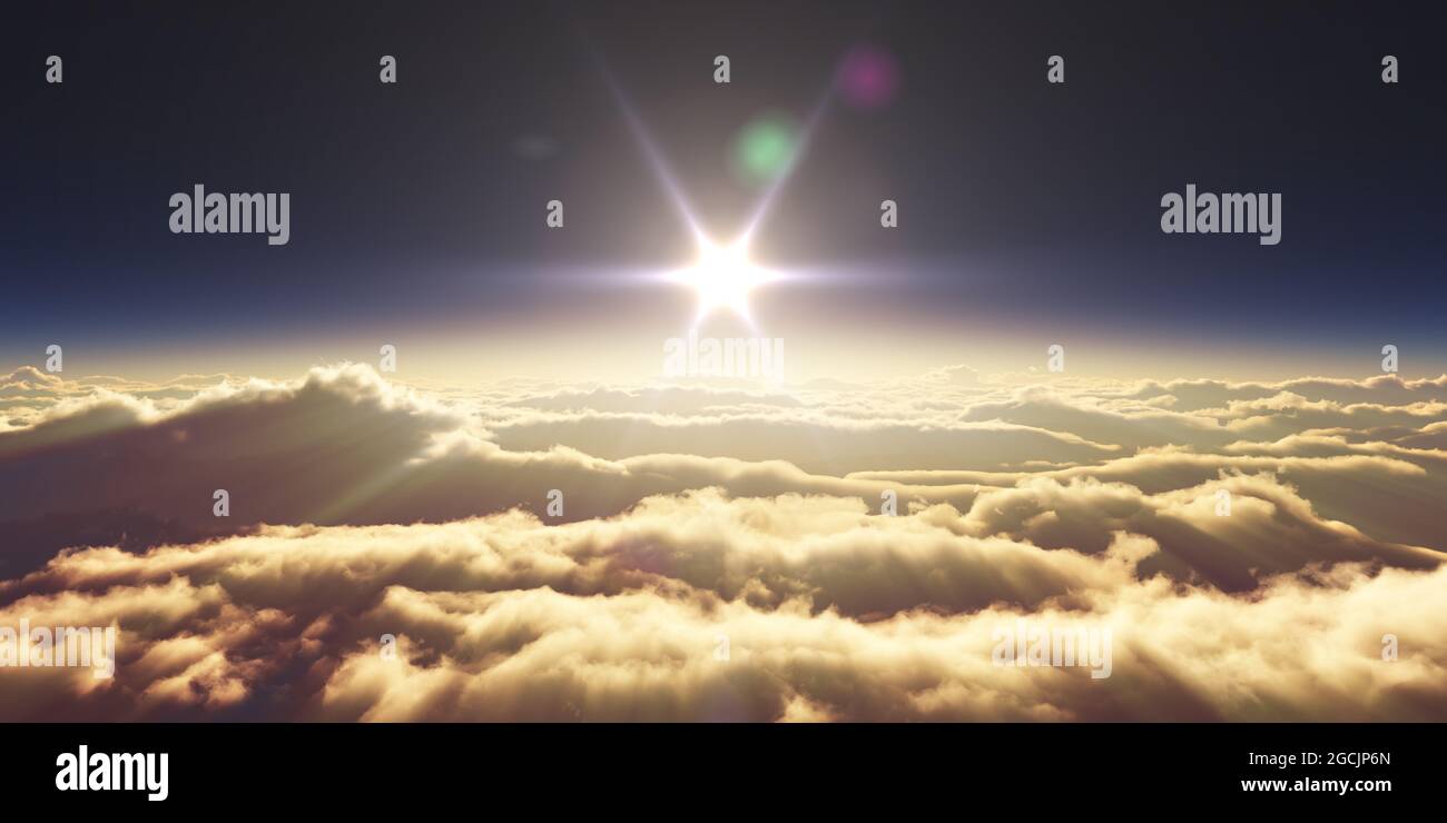 above clouds sunrise sun ray illustration, 3d rendering Stock Photo - Alamy