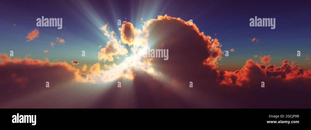 above clouds sun ray sunset. 3d render illustration Stock Photo - Alamy