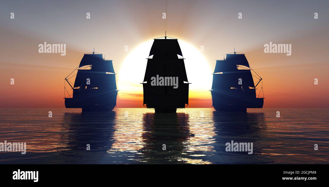 old three ships sunset at sea, 3d rendering illustration Stock Photo ...