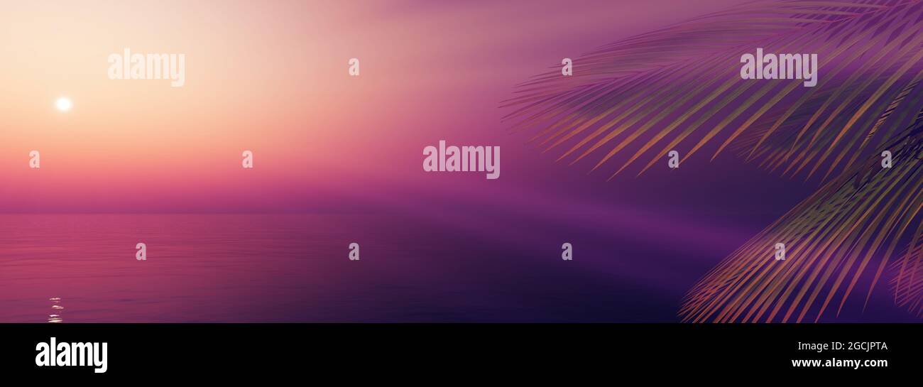 sunset sea palm landscape illustration, 3d render Stock Photo - Alamy