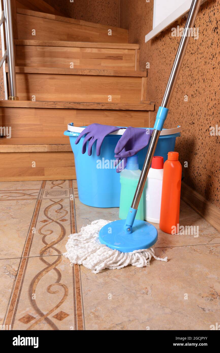House cleaning equipment with mop Stock Photo - Alamy