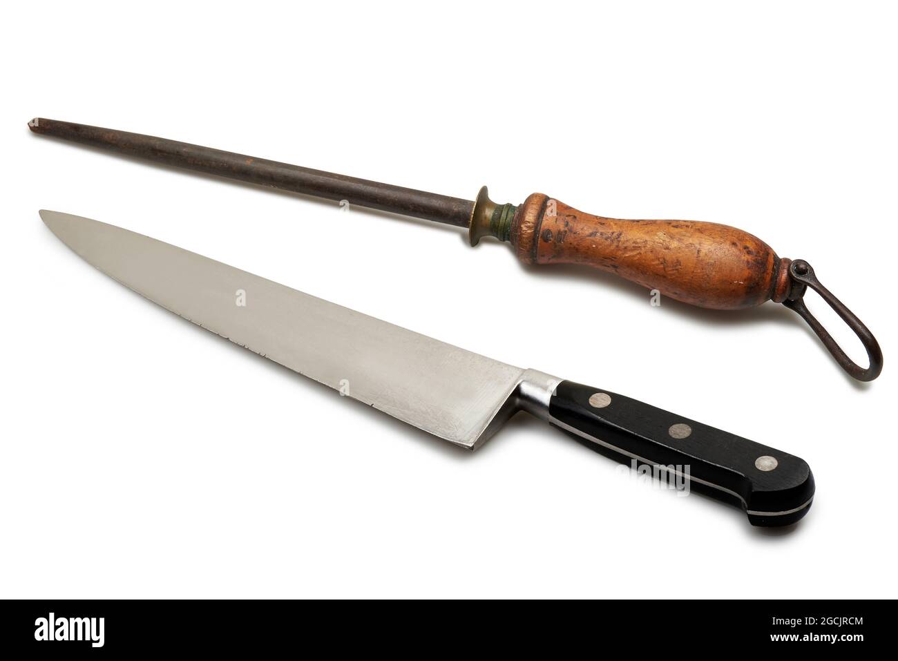 Butchery used knife and sharpening stick isolated on white background ...
