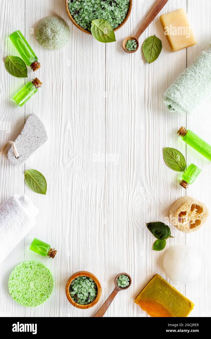 Frame of green aroma spa tea tree cosmetics with essential oil Stock ...
