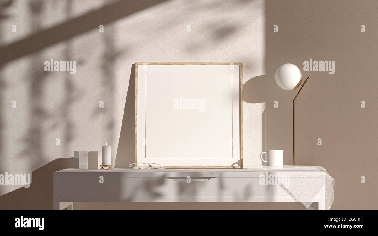 Blank wood square frame mock up interior background, 3d rendering ...