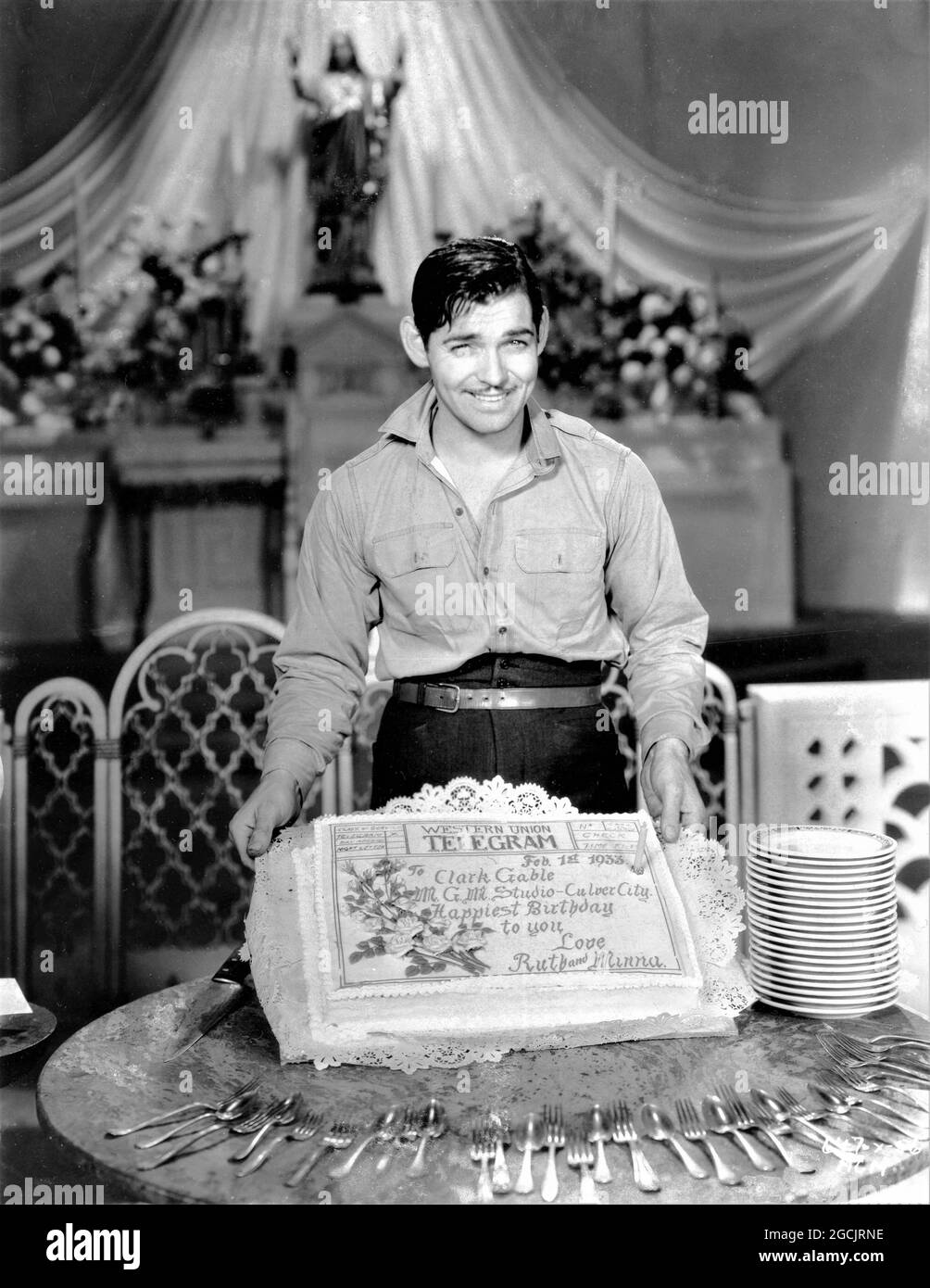 CLARK GABLE on set candid posing with Cake for his 32nd Birthday on ...