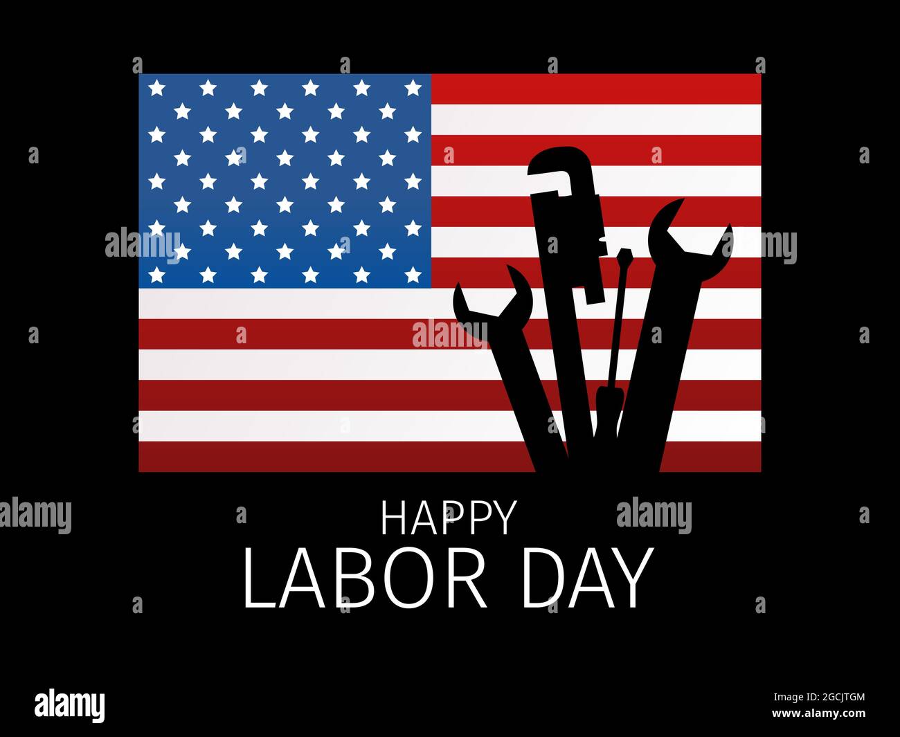 Happy Labor Day. USA national flag and working tools. Wrench and ...