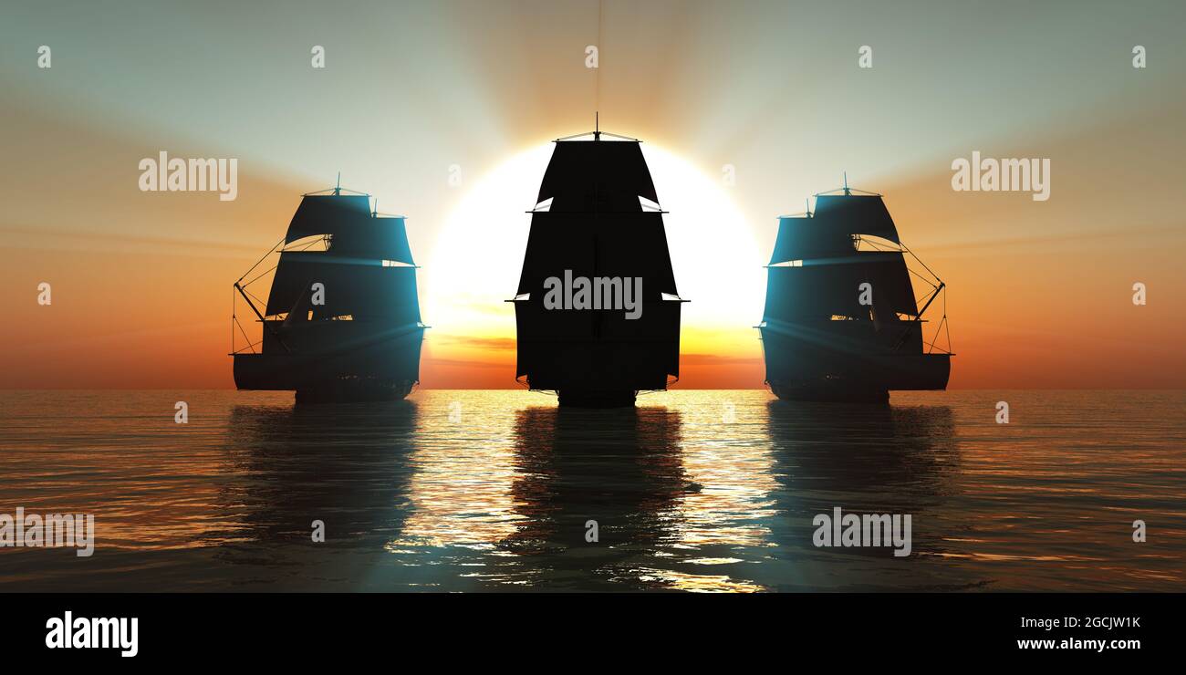 old three ships sunset at sea, 3d rendering illustration Stock Photo ...