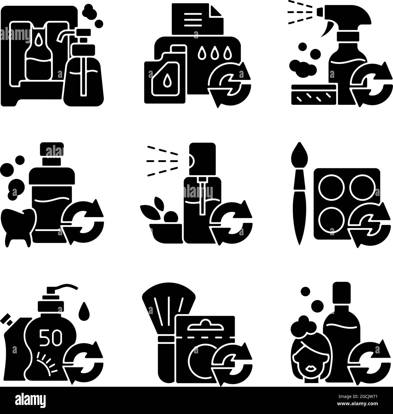Reusable products black glyph icons set on white space Stock Vector ...