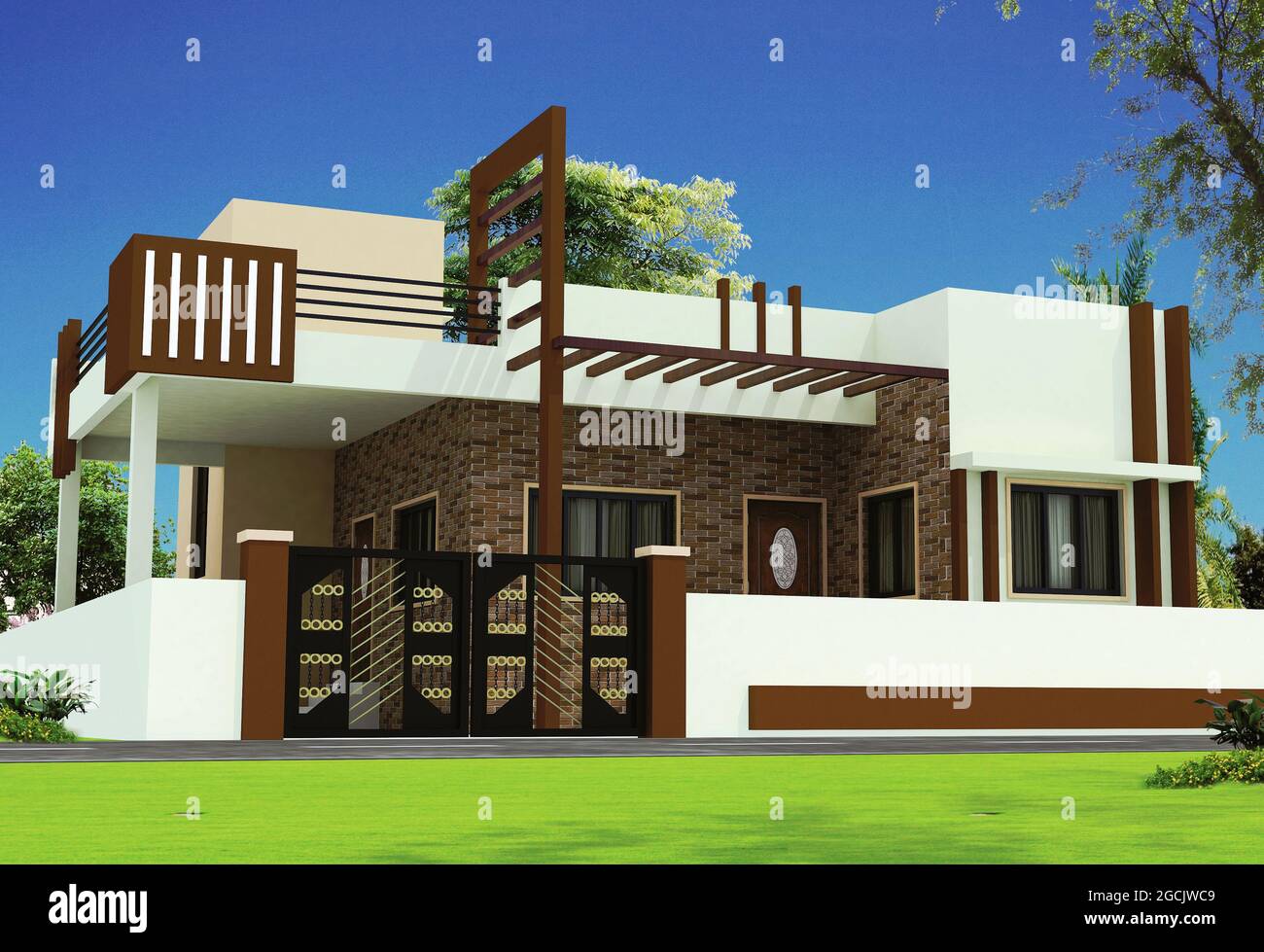 3D rendering of a house exterior design with brown color components ...