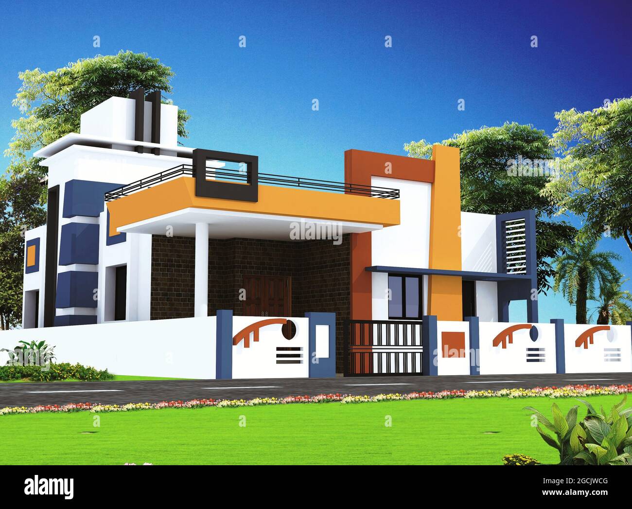 3D rendering of a house exterior design with orange color components ...