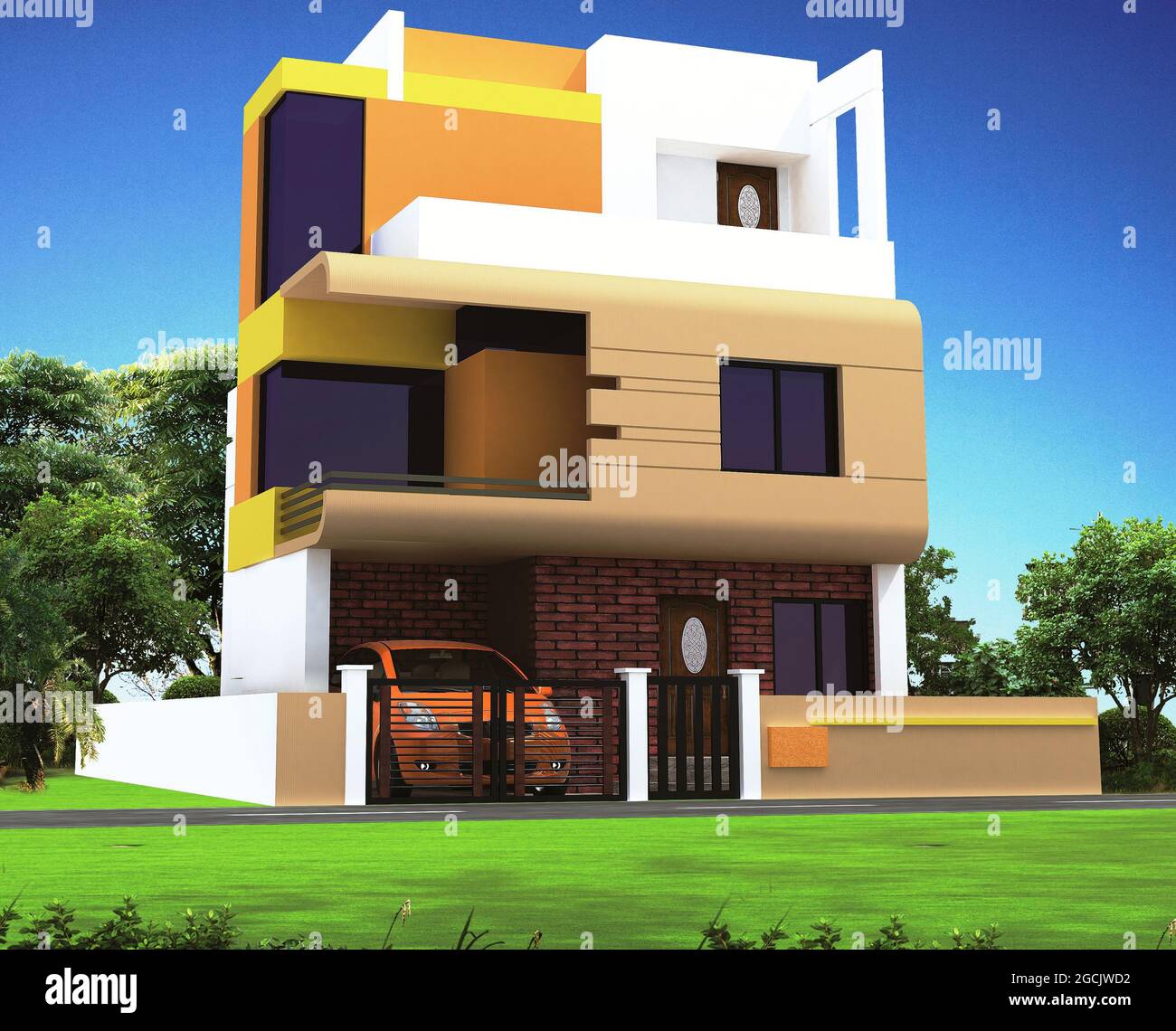 3D rendering of a two storage house exterior design with round ...
