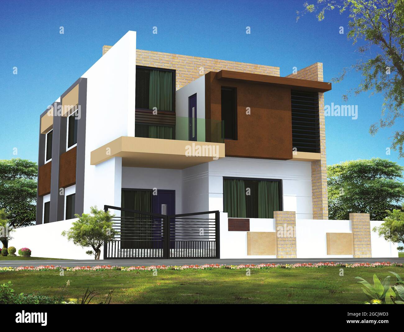 3D rendering of a big two storage house exterior design with brown ...