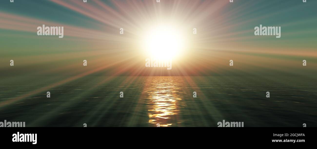 sunset sea sun ray clear sky, 3d rendering illustration Stock Photo - Alamy