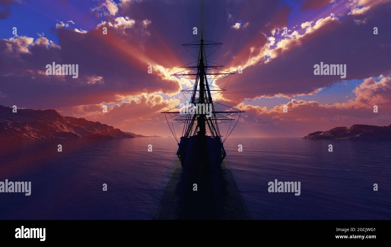 old ship sunset at sea illustration 3d rendering Stock Photo - Alamy