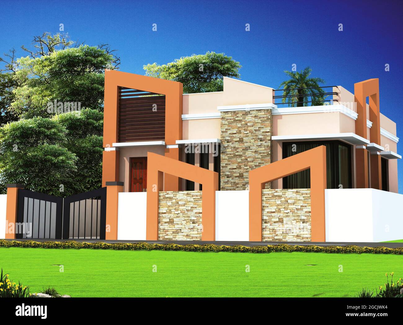 3D rendering of a house with an abstract brick exterior design Stock ...