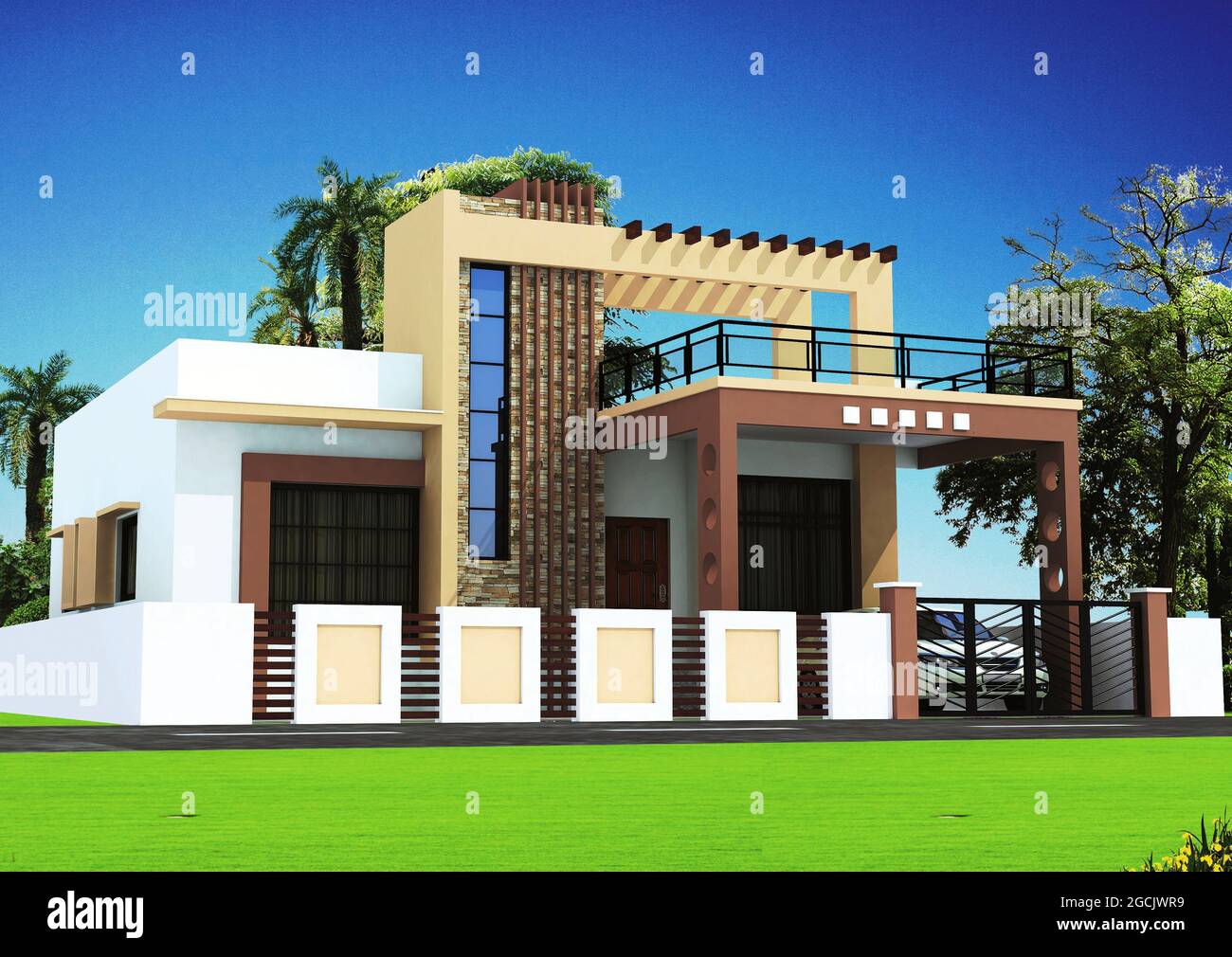 3D rendering of a house with an abstract exterior design and a car ...
