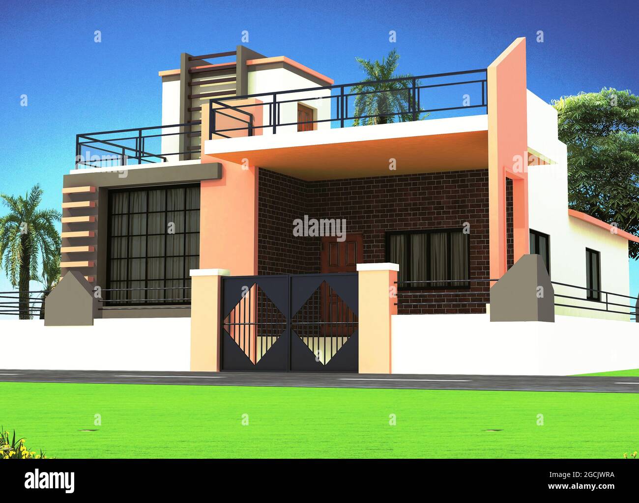 3D rendering of a contemporary house with a big rooftop Stock Photo - Alamy