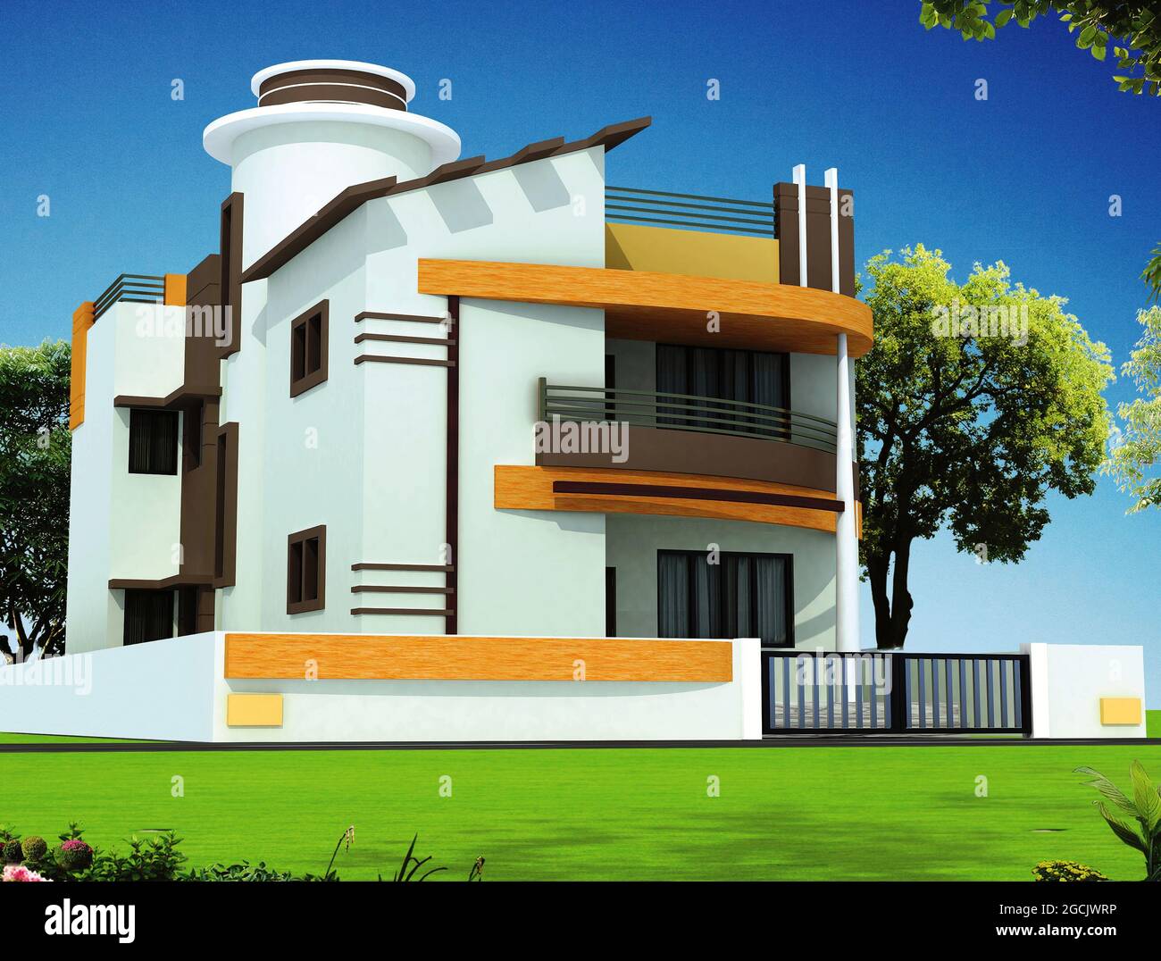 3D rendering of a big two storage house with modern orange fragments ...