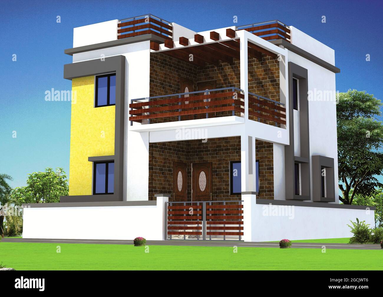 3D rendering of a two storage house with modern wooden bars Stock Photo ...