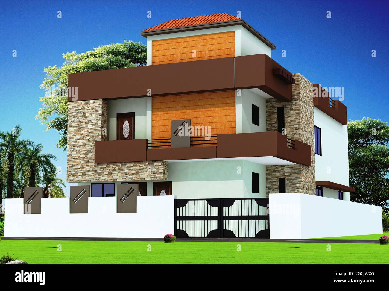 3D rendering of a two storage house with a modern stone design Stock ...