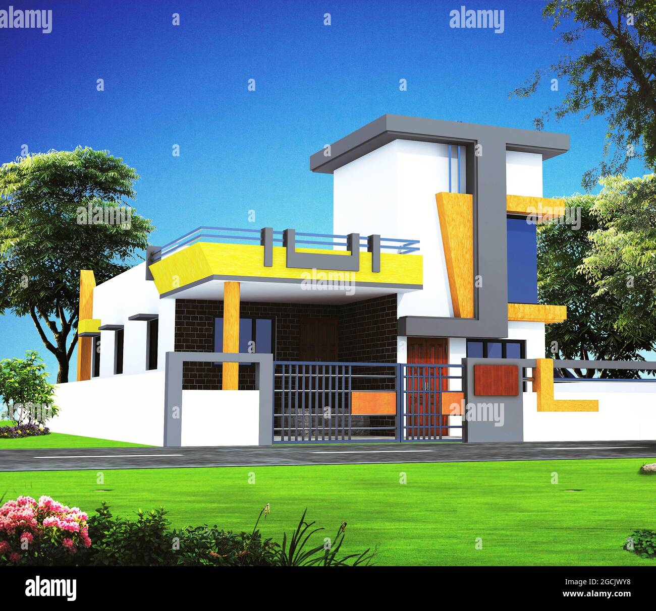 3D rendering of a two storage house with a modern yellow design Stock ...