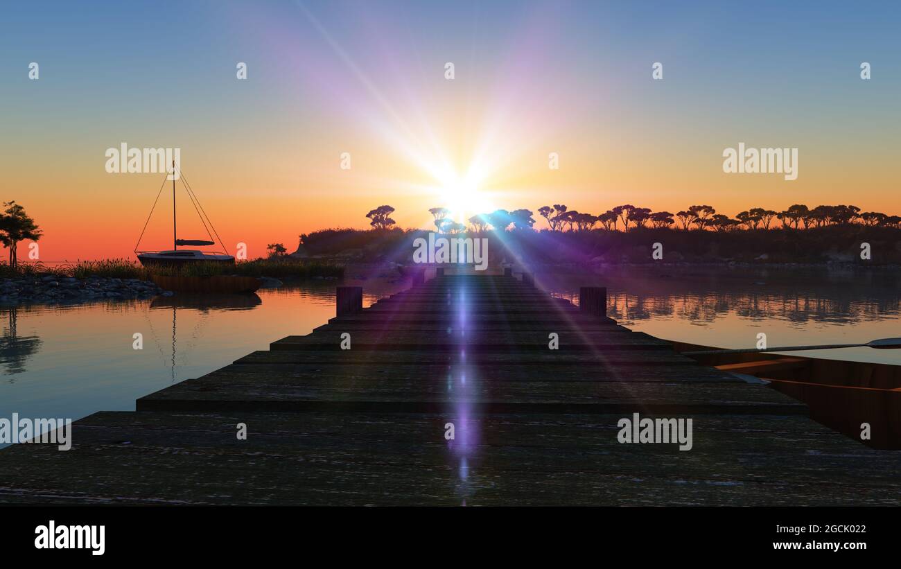 Beautiful sunset over the tropical lagoon, illustration 3d rendering ...