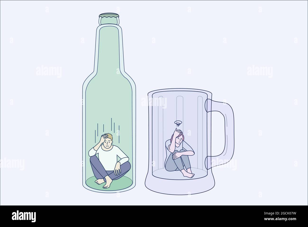 Addiction to alcohol and depression concept. Two young depressed people ...